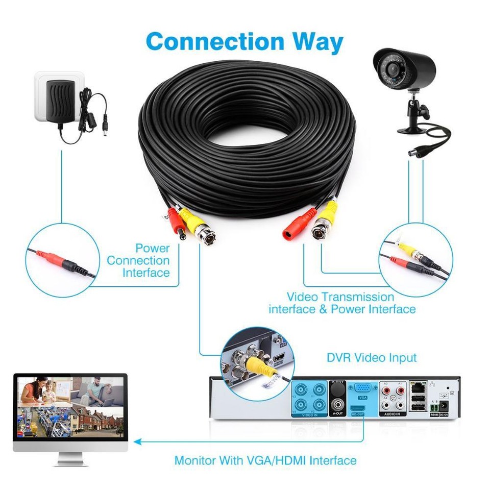 Recorder System Video 5-50m Extension Cable BNC Cable CCTV Camera DC ...