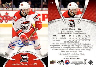 2015-16 Upper Deck AHL Autographs #17 Justin Shugg Auto - NM-MT | eBay