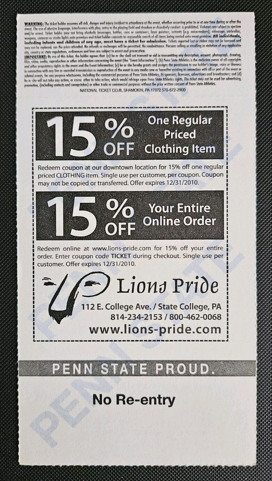Penn State Nittany Lions Temple Owls Football Ticket 9/25 2010 Michael ...
