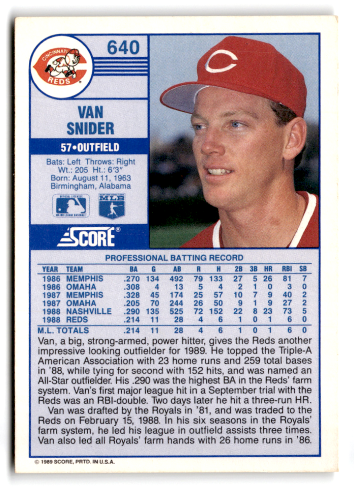 1989 Score #640 Van Snider EX/NM Reds ID:66821 | eBay