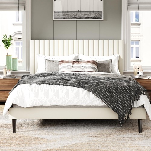 Queen Size Bed Frame with Velvet Upholstered Headboard, Platform Bed ...