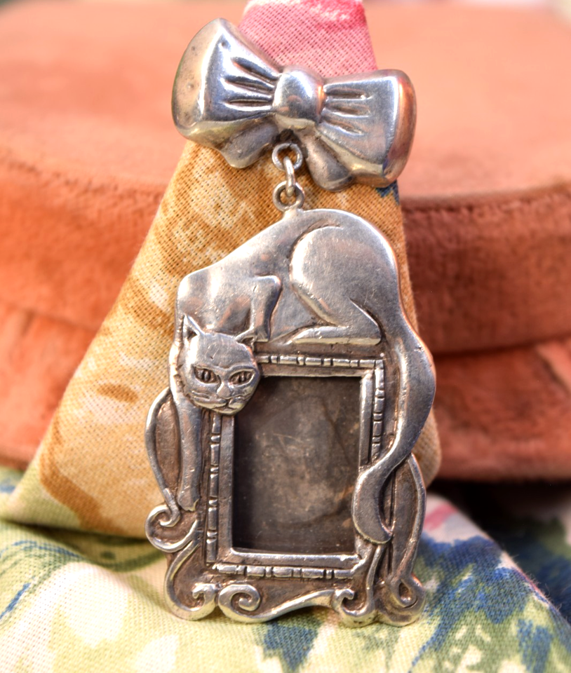 Vintage Sterling Dangling Kitty Cat Photo Locket Brooch Pin 2.5" | eBay