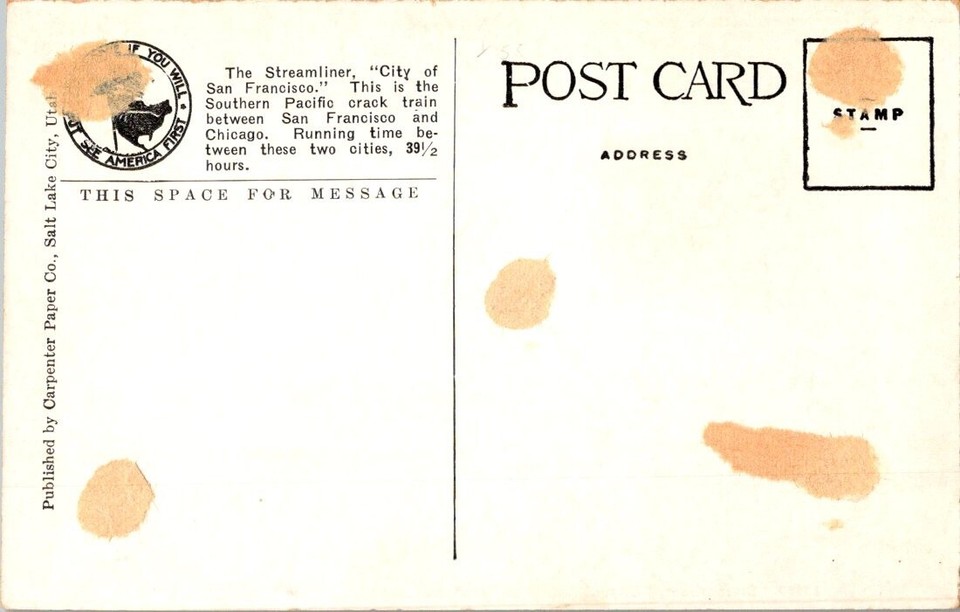 vintage postcard- Streamliner, "City of San Francisco" crossing Great ...