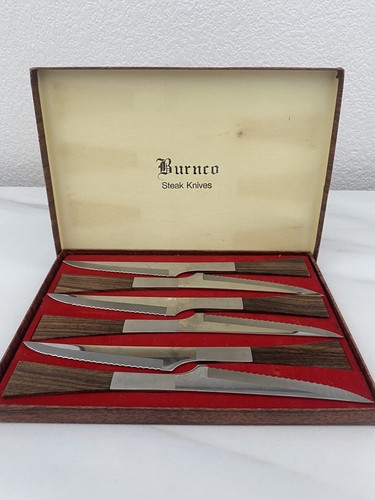 BURNCO Stainless Steel Serrated Steak Knives Wood Handles in Original ...