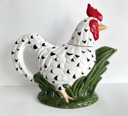 Boston Warehouse Rooster Chicken White Black Red Tea Pot Country ...