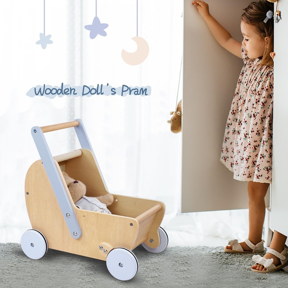 Wooden Baby Doll Pram Stroller, Baby Walker Push and Pull Doll Stroller ...