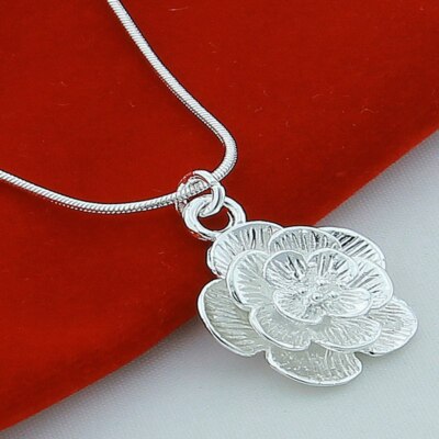 Elegant 925 Sterling Silver Rose Flower Pendan Chain Necklace Women ...