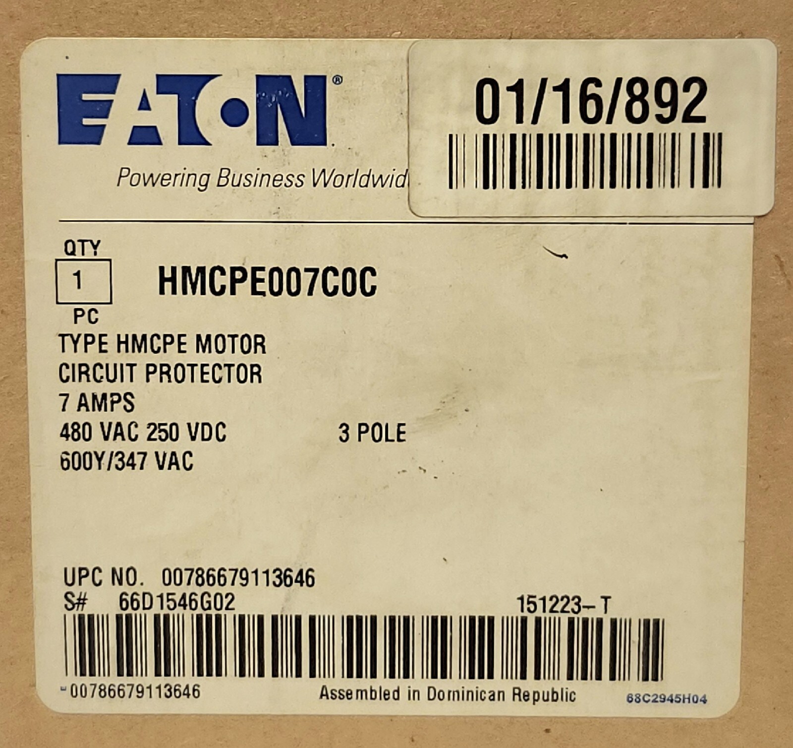 EATON CUTLER HAMMER HMCPE007C0C 7 AMP Type HMCPE Motor Circuit ...