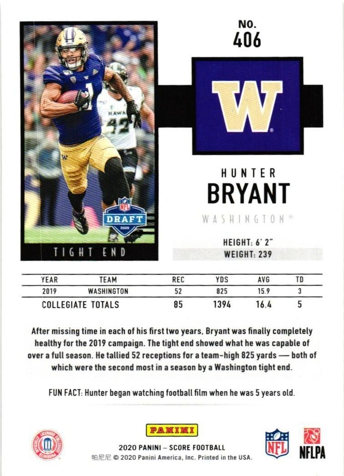 2020 PANINI SCORE HUNTER BRYANT RC ROOKIE #406 CARD $0.99 VALUE BOX | eBay