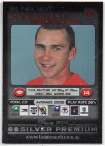 2001 AFL TEAMCOACH SILVER PREMIUM CARD - 152 Paul KELLY (SYDNEY) | eBay
