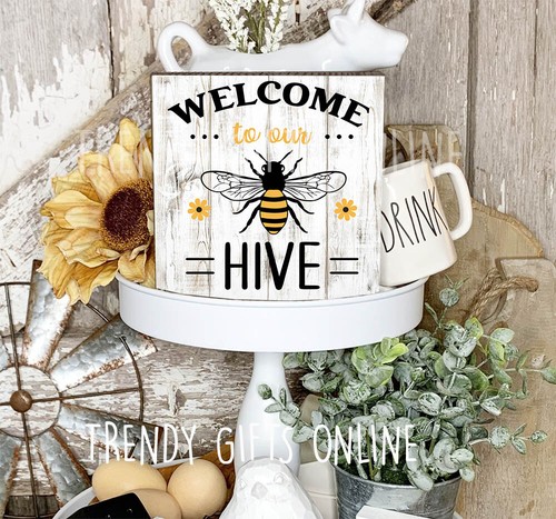Welcome to our hive sign Farmhouse Tier tray decor square sign Bee ...