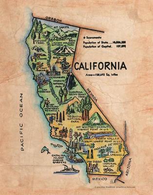 163 Illustrated map of California c. 1950' vintage historic antique map ...