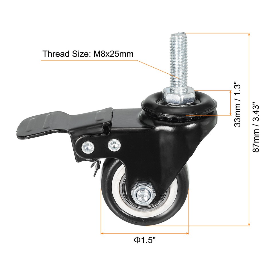 4pcs 1.5" Swivel Threaded Stem Casters M8x25mm Thread PU Caster Wheel ...