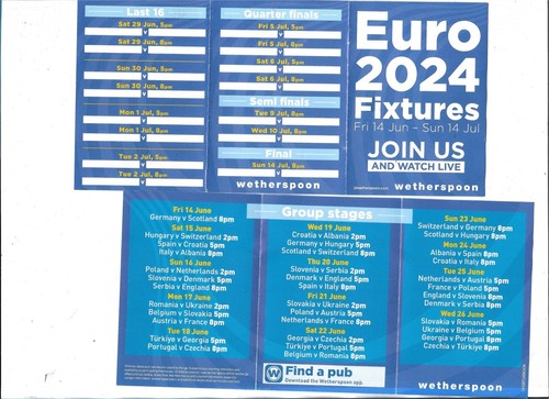 Euro 2024 competition fixtures chart issued by Wetherspoon | eBay UK