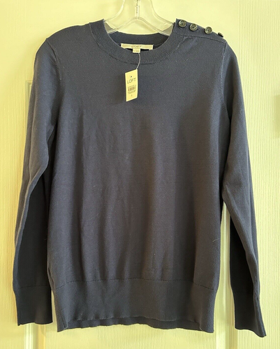 NEW Navy Blue LOFT Crew Neck Lightweight Sweater Buttons On Shoulder ...