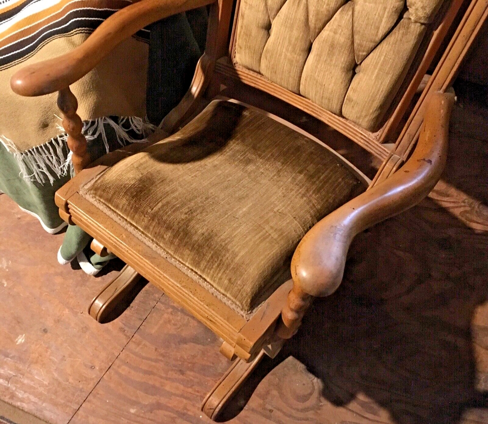 Antique Vintage Cushioned Wood Glider Rocking Chair Velvet Olive Green ...