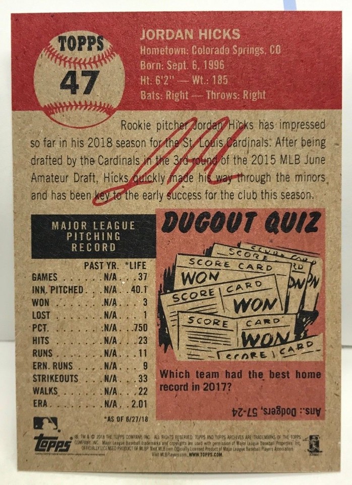 Jordan Hicks 2018 Topps Baseball Living Set RC Rookie #47 - CARDINALS ...