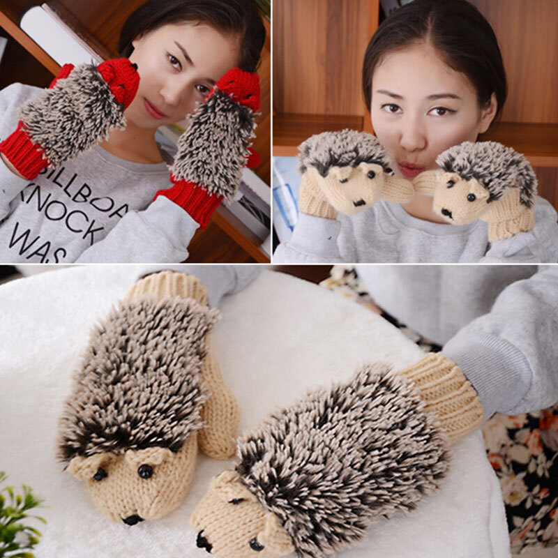 Womens Girls Knitted Hedgehog Gloves Winter Warm Cute Cartoon Mittens ...