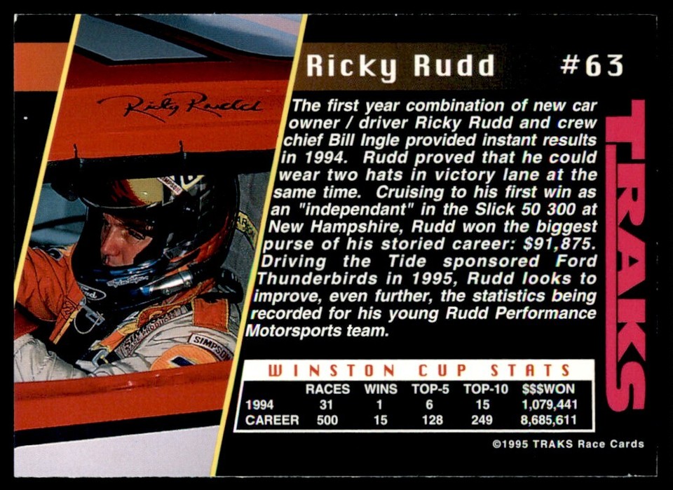 1995 Traks Ricky Rudd Rudd Performance Motorsports #63 1098 | eBay