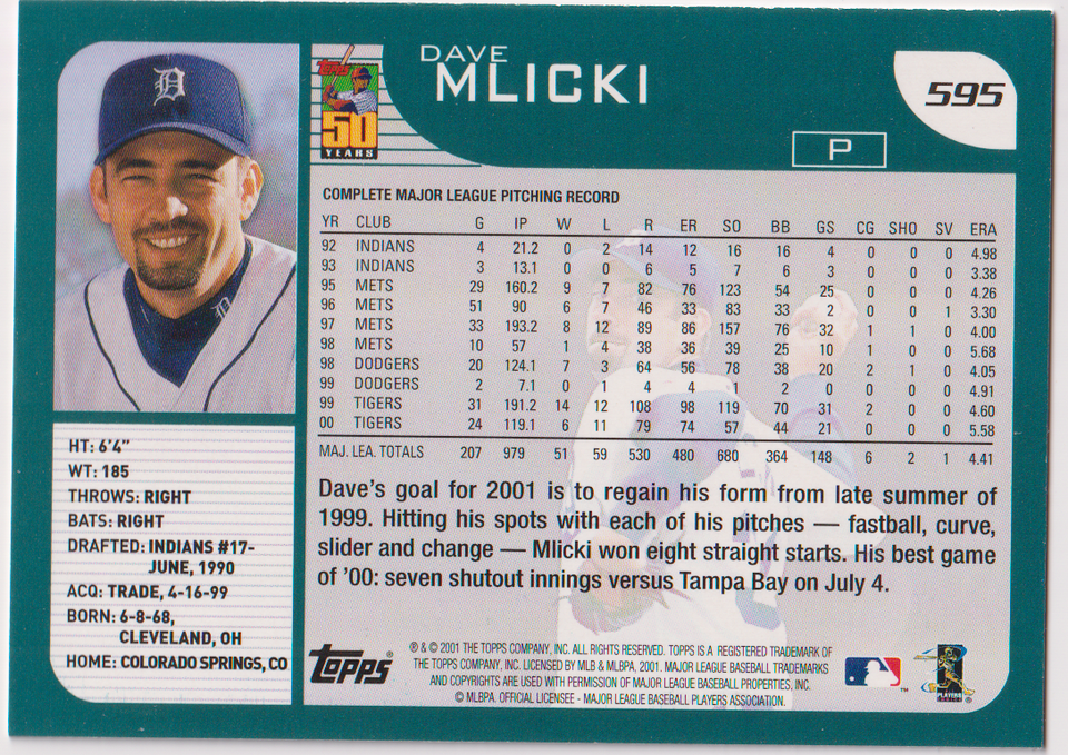2001 Topps HTA #595 Dave Mlicki Detroit Tigers | eBay