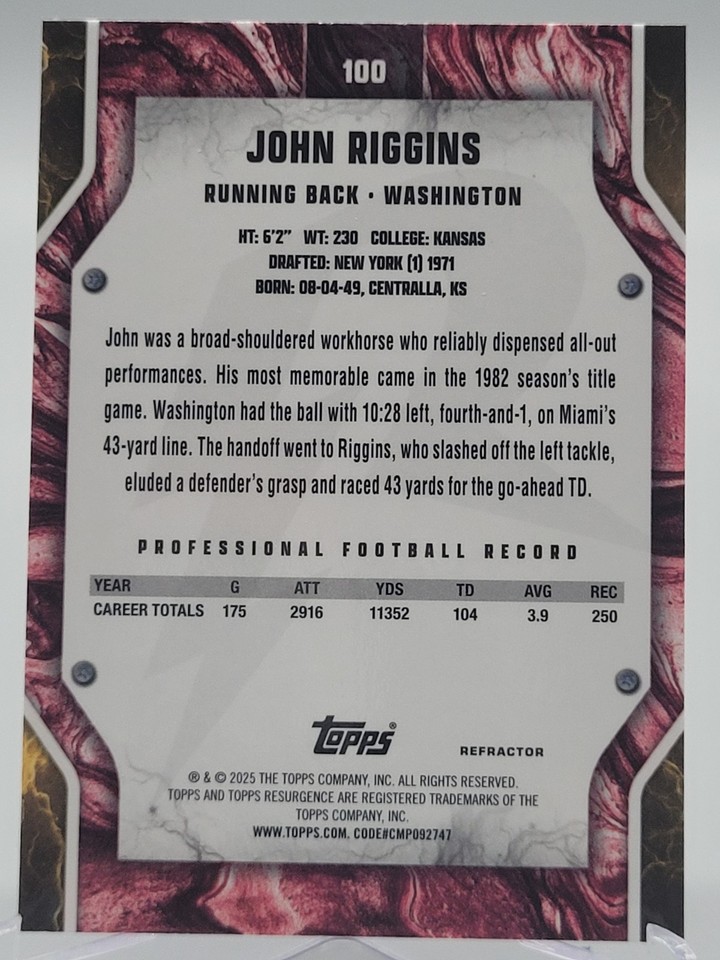 2024 RESURGENCE JOHN RIGGINS REFRACTOR FOOTBALL CARD COMMANDERS ...