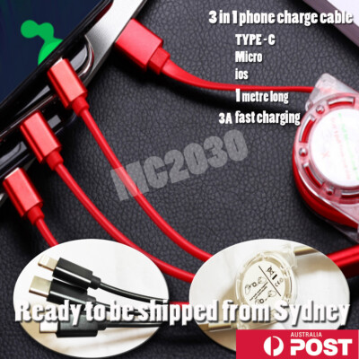 3 in 1 Multi USB Charger Charging Cable Cord For Mobile Micro USB TYPE ...