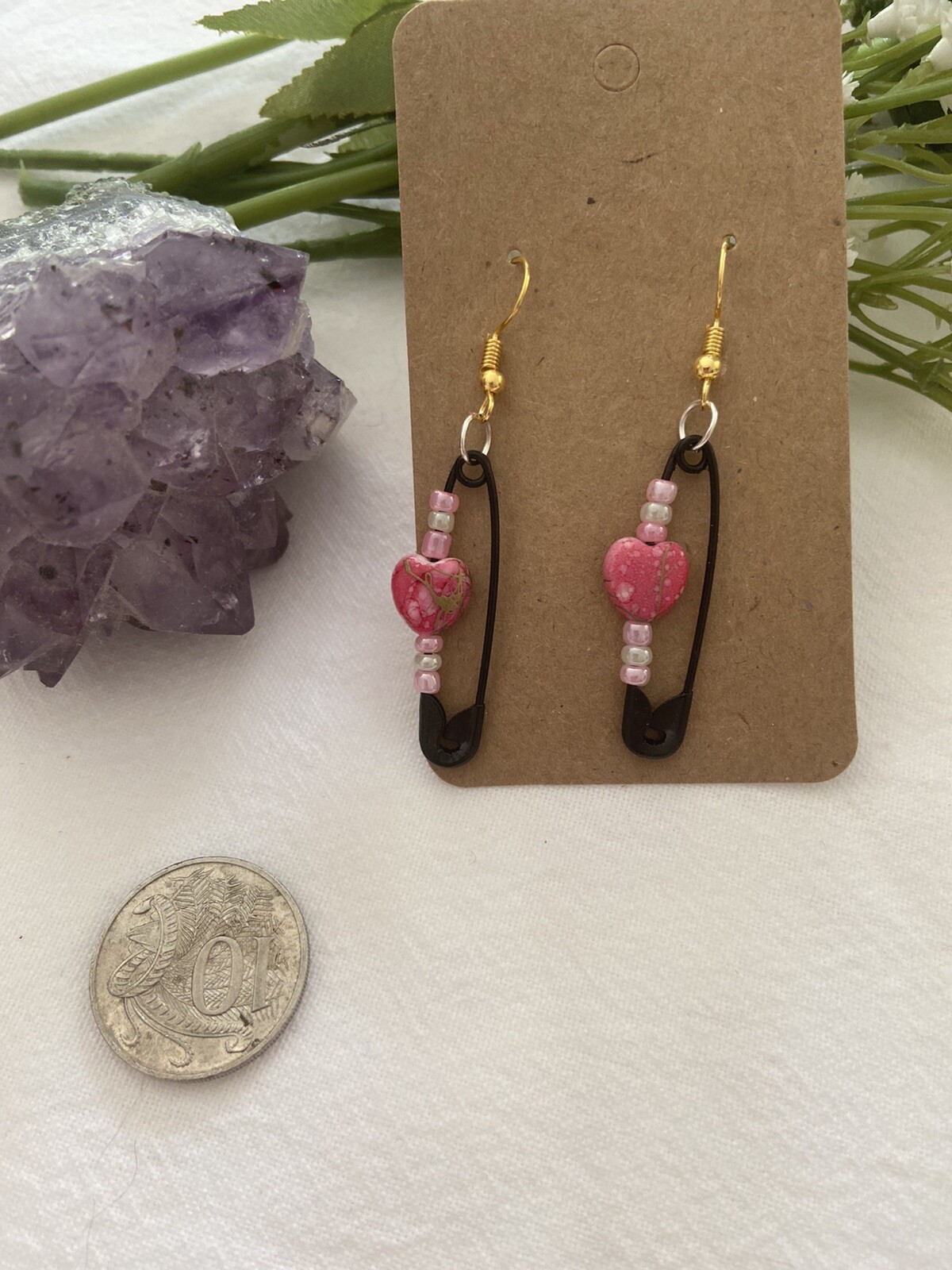 Pink Love Heart Beaded , Safety Pin Earrings | eBay