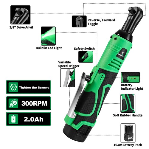 3/8" Electric Cordless Ratchet Right Angle Wrench Impact Power Tool + 2 ...