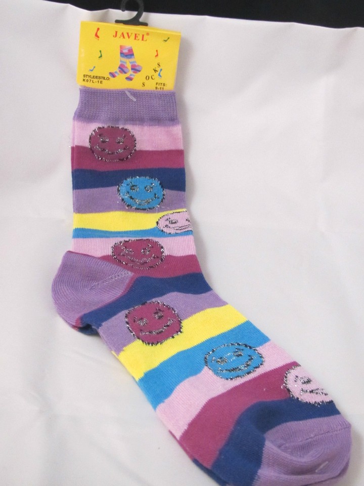 Womens Striped Smiley Face Multi Colored Crew Socks Sz 9-11 Purple Trim ...