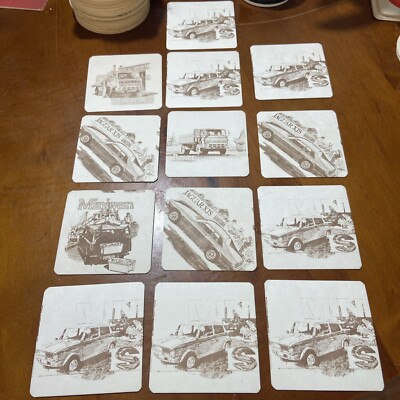 VINTAGE Leyland Jaguar Mini Cooper DRINK COASTER SET BEER BAR MAN CAVE ...