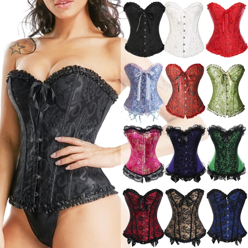 Plus Size Women Black Overbust Boned Corsets Burlesque Basque Lace Up