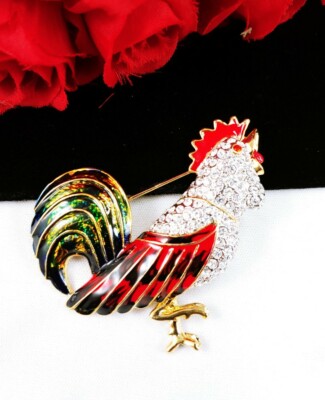 (W) Large 2.5" ROOSTER Bird Hen Chicken Pave Rhinestone Enamel Brooch ...