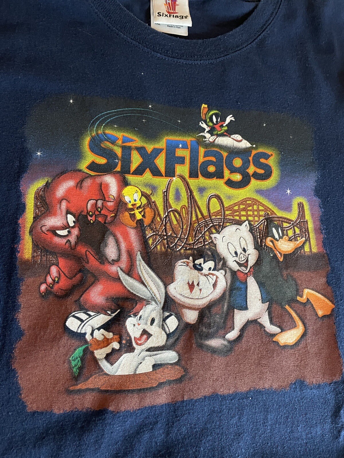2004 Six Flags Looney Tunes Mens Blue T Shirt 4XL War… - Gem