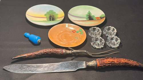 Old Serving Pieces Lot - Stag Horn Carving Set, Salt Cellars, Ceramics ...
