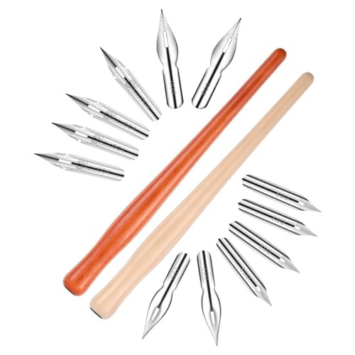 14 Pcs Calligraphy Nibs Dip Pen Nibs Holders with Comic Wooden Drawing ...