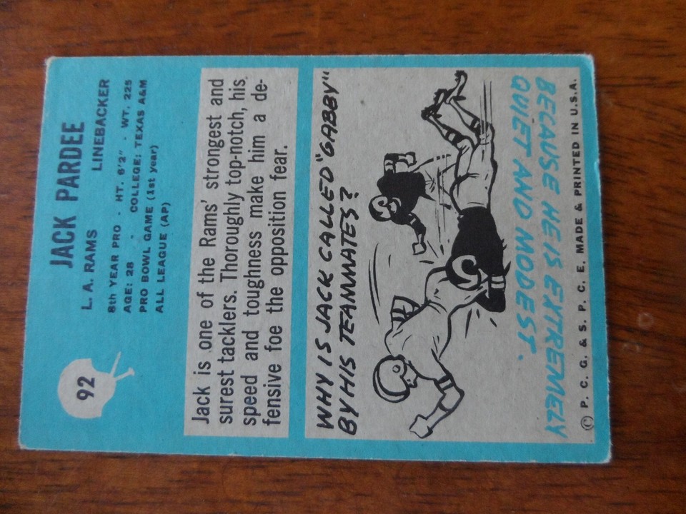 1964 PHILADELPHIA FOOTBALL #92 JACK PARDEE LOS ANGELES RAMS ROOKIE VG ...