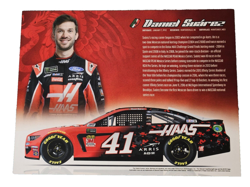 2019 DANIEL SUAREZ #41 Haas NASCAR 8.5x11 Advertising Hero Card Racing ...