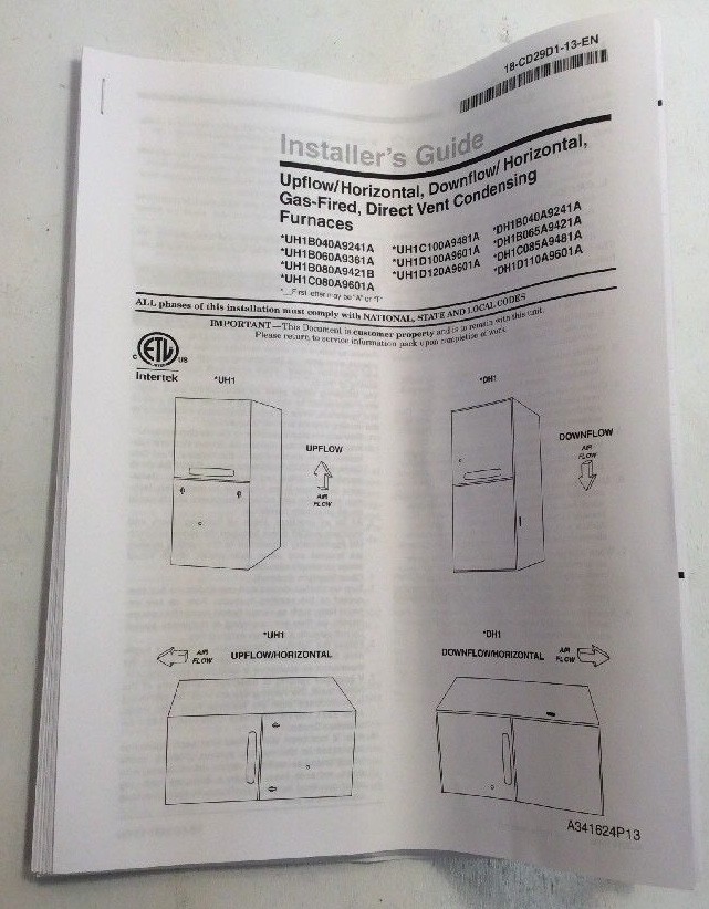 Gas Fired Furnace Installers Guide UH1 DH1 Intertek Trane | eBay
