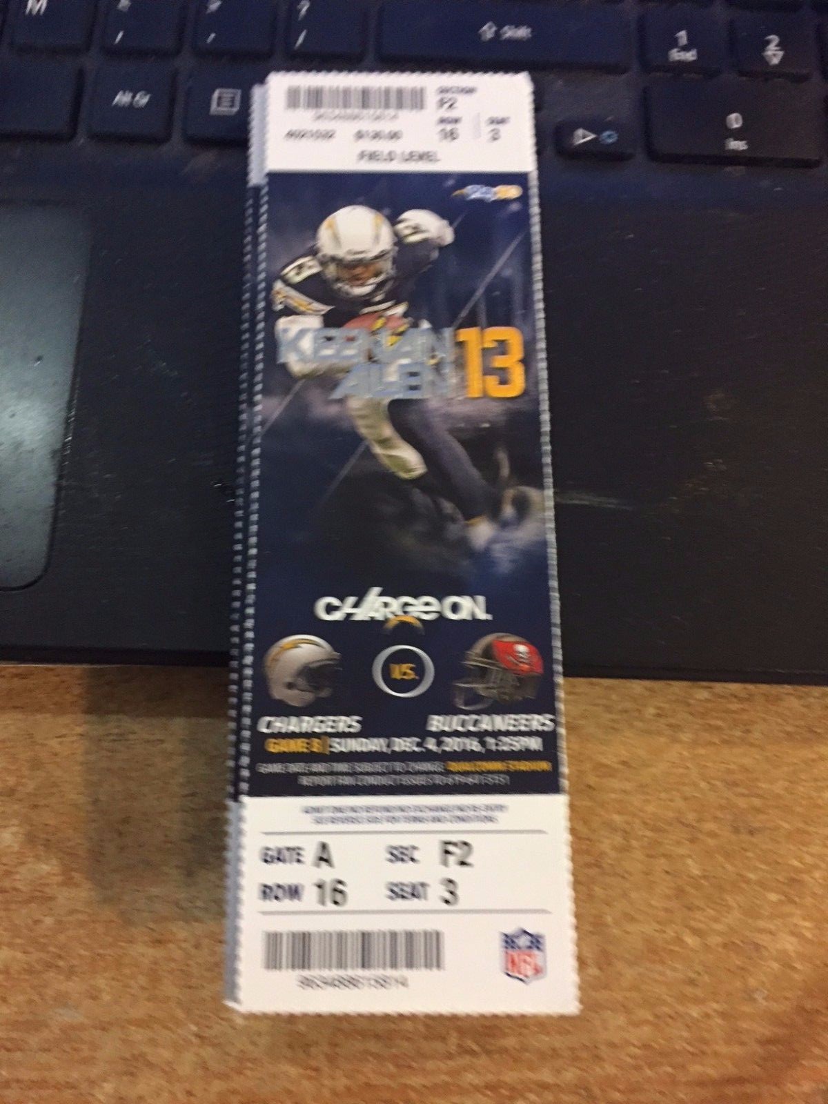 2016 SAN DIEGO CHARGERS VS TAMPA BAY BUCCANEERS TICKET STUB 12/4 KEENAN ...
