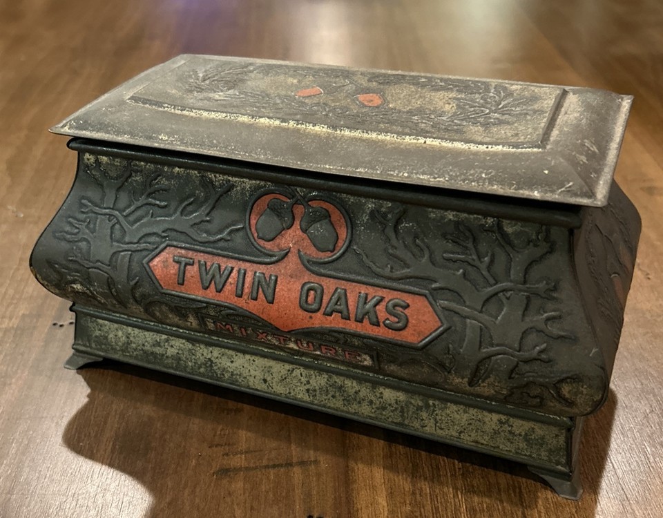 VINTAGE TWIN OAKS TOBACCO TIN HUMIDOR MIXTURE CASKET STYLE STASH BOX ...