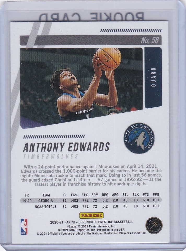 ANTHONY EDWARDS ROOKIE CARD Minnesota Timberwolves 2020 Panini ...