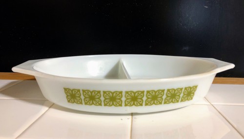 Vintage Pyrex Verde Green Square Flower Divided Casserole Dish NO Lid ...