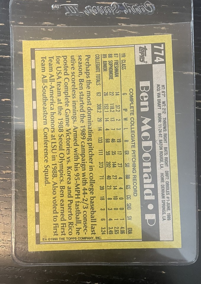 1990 Topps Ben McDonald #1 Draft Pick Baseball Card #774 Orioles Rookie ...