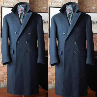 Navy Blue Men Long Overcoat Double Breasted Business Leisure Winter ...