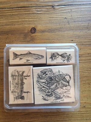 Stampin Up Angler Wood Stamp Set Fishing , lake , man, boat , tackle ...