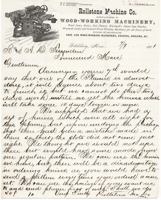 1881 ROLLSTONE MACHINE WOODWORKING SAW PLANER FITCHBURG TOWNSEND MA ...