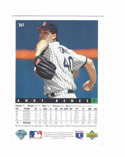 Andy Benes San Diego Padres Pitcher #261 Upper Deck 1992 #Baseball Card ...
