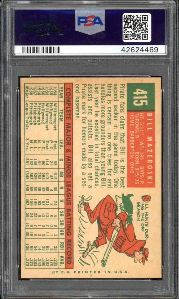 1959 TOPPS BASEBALL #415 Bill Mazeroski HOF PSA 6 EX-MT Pittsburgh ...