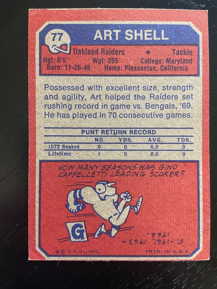 Art Shell Autographed 1973 Topps Football ROOKIE Card #77 Oakland ...