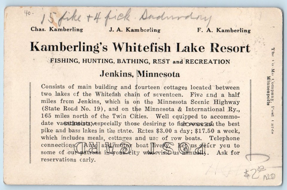 Jenkins MN Postcard RPPC Photo Kamberlings Whitefish Lake Resort Posted ...